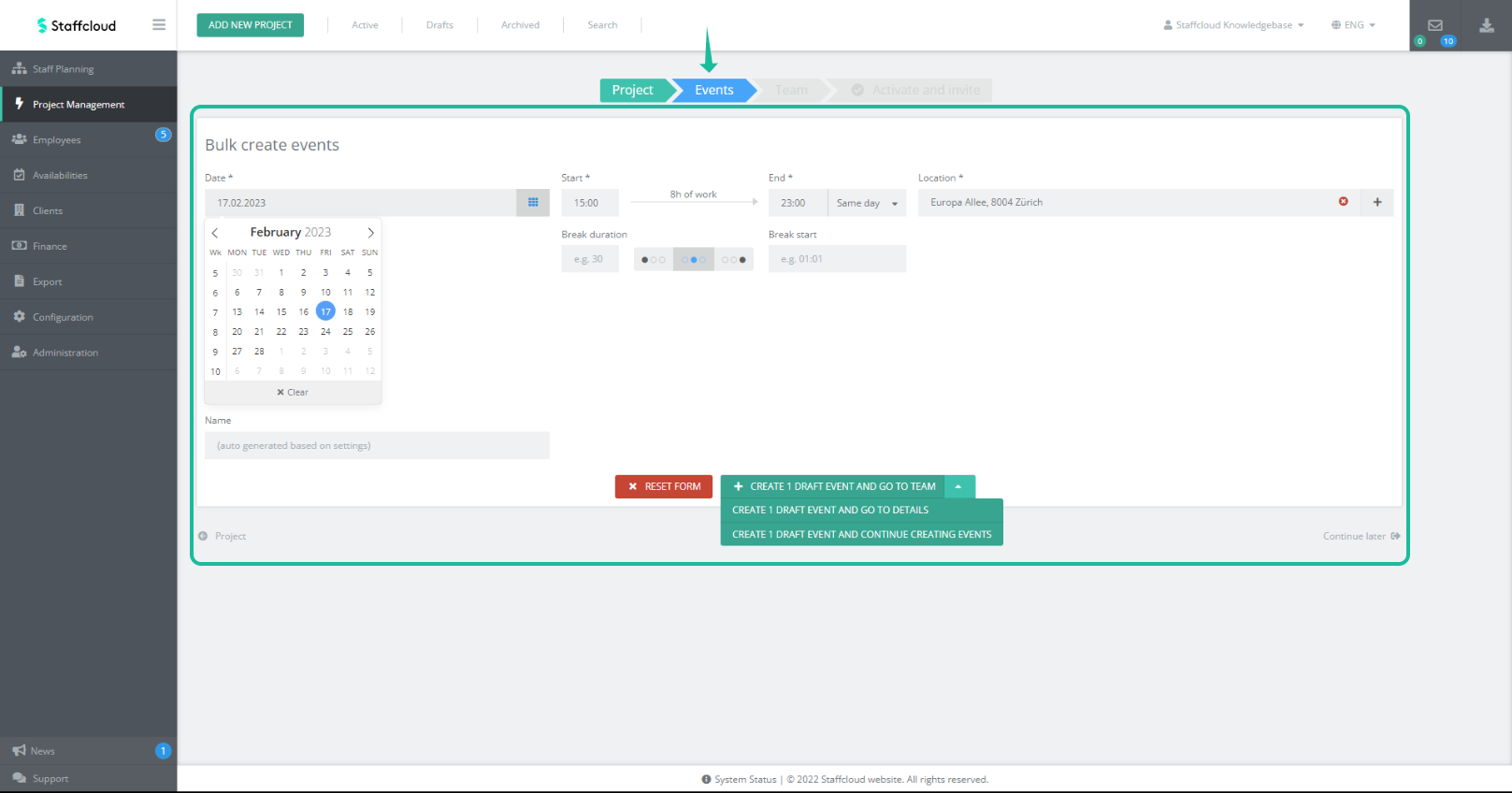 Creating a project with events and functions in Staffcloud : Staffcloud