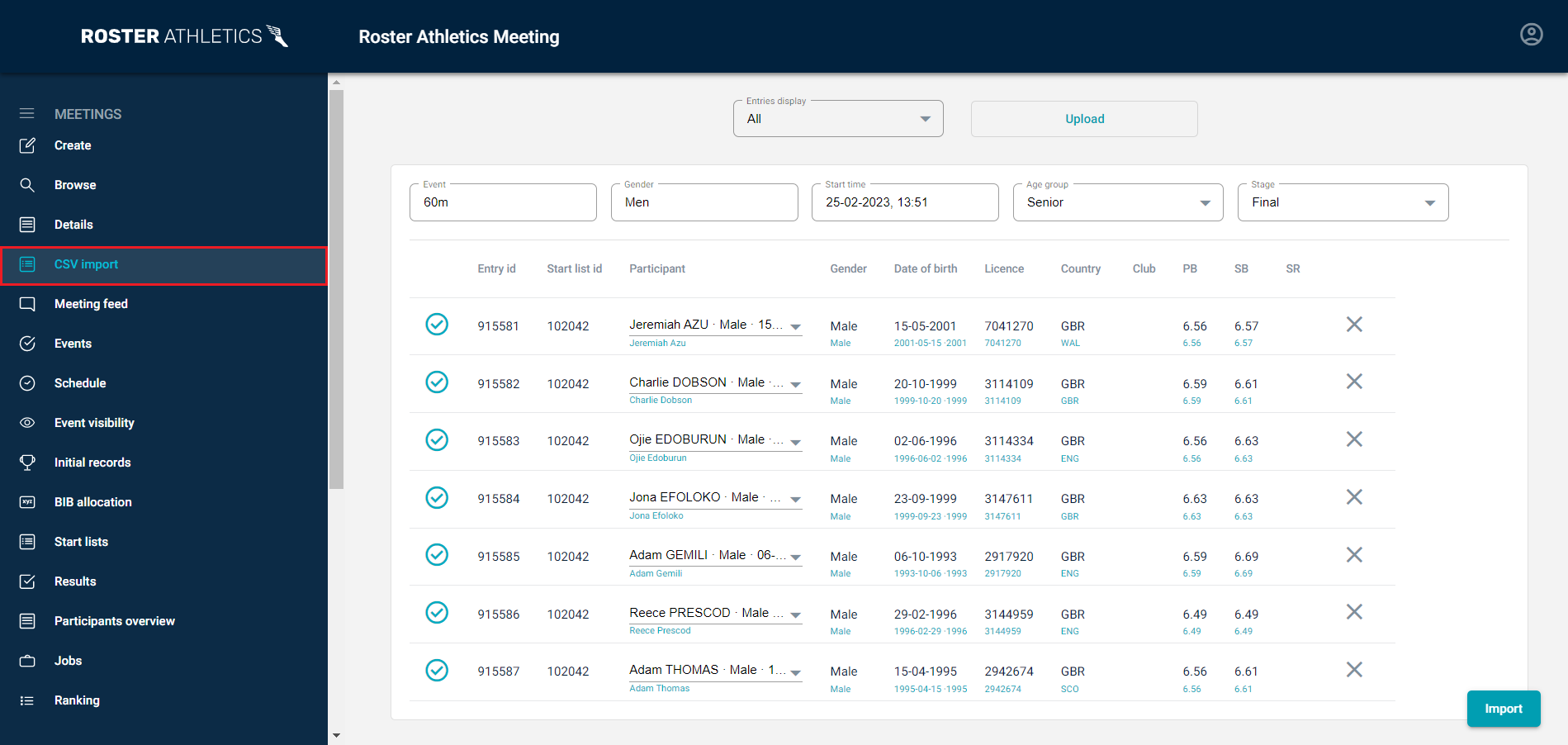 Add athletes from a CSV file : Roster Athletics