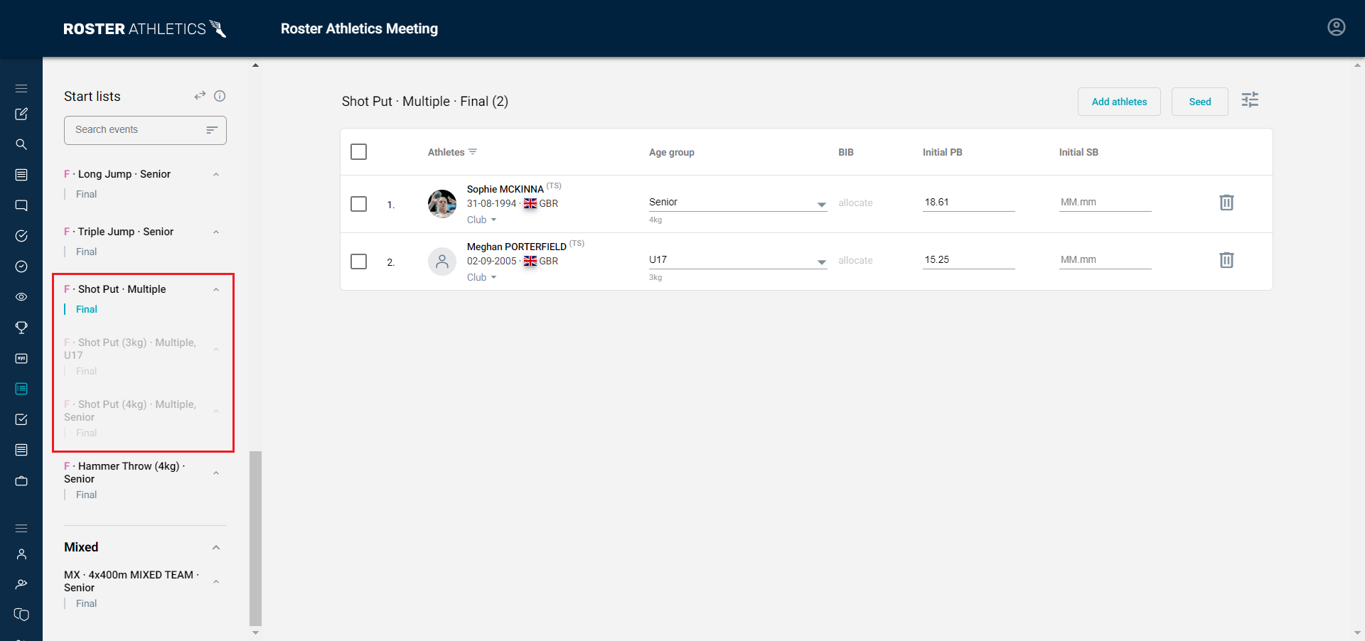 Create start lists : Roster Athletics