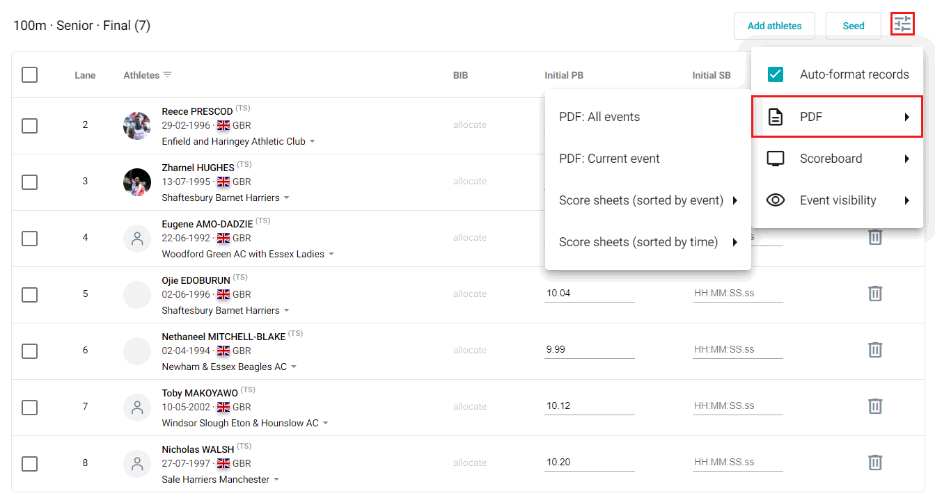 Create start lists : Roster Athletics