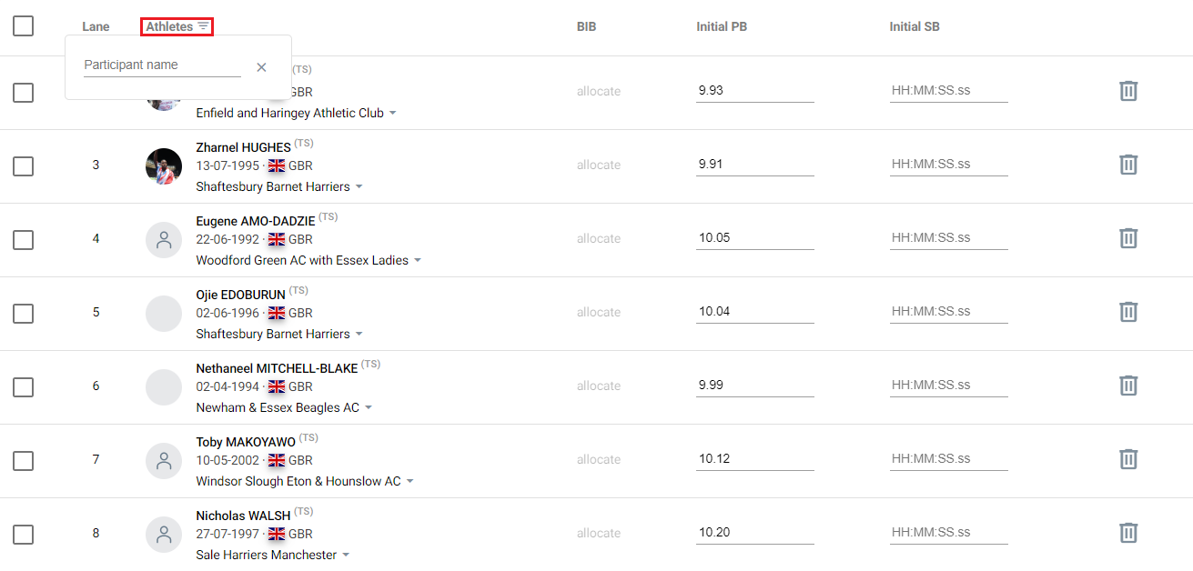 Create start lists : Roster Athletics