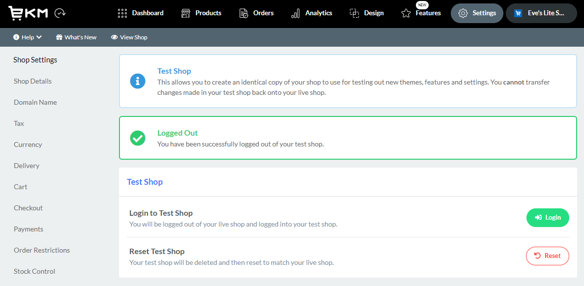 Using your Test Shop : EKM