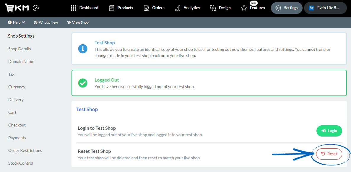 Using your Test Shop : EKM