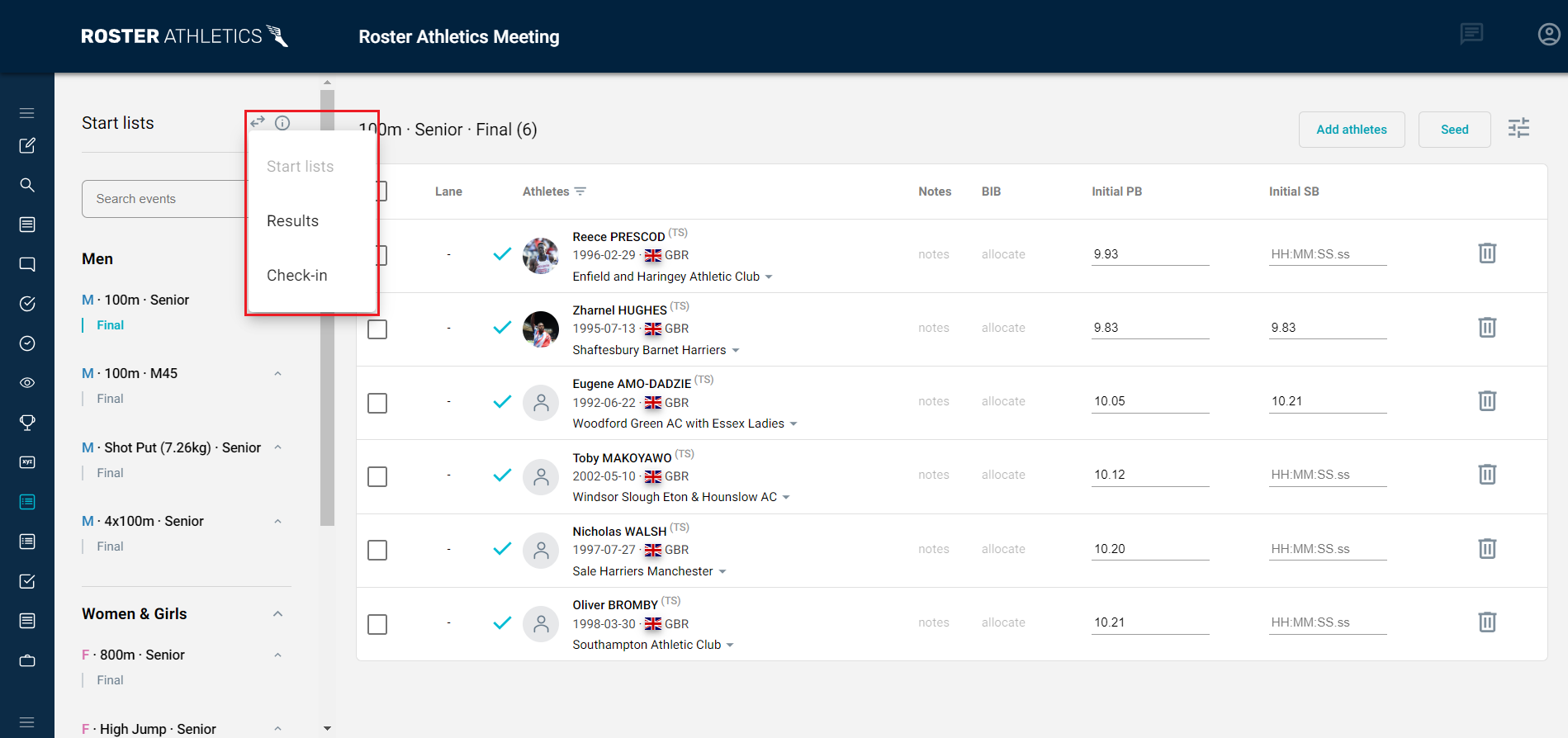 Create start lists : Roster Athletics