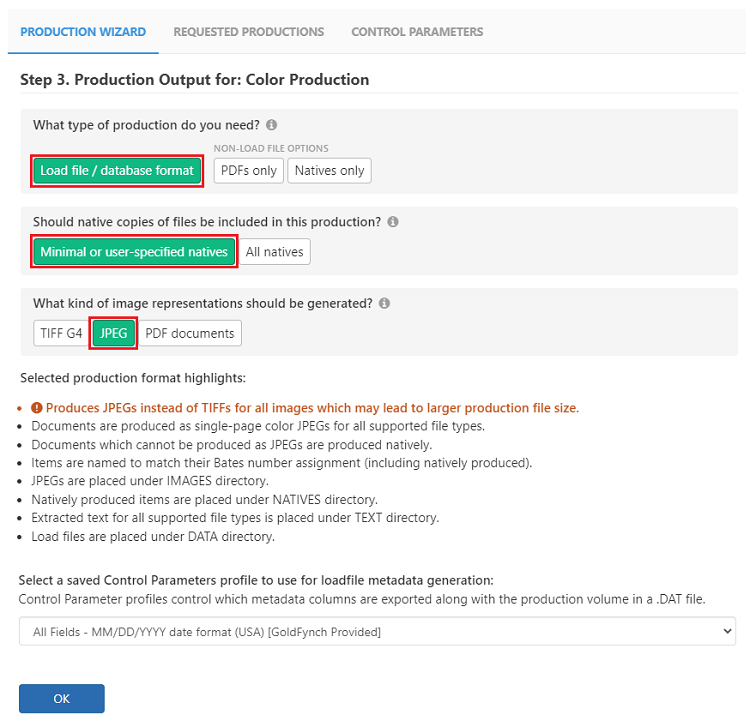 Creating a JPEG/color production using GoldFynch : GoldFynch Support