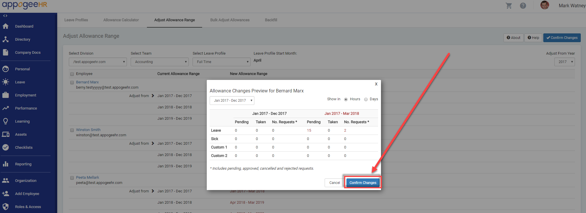 Appogee Leave: Adjust Allowance Range : Support