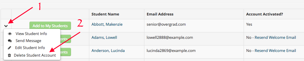 Deleting a student account : Support