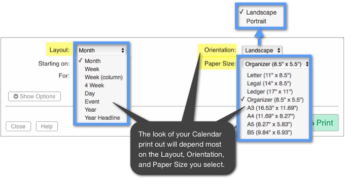What are my options for calendar print layouts? : Support Portal