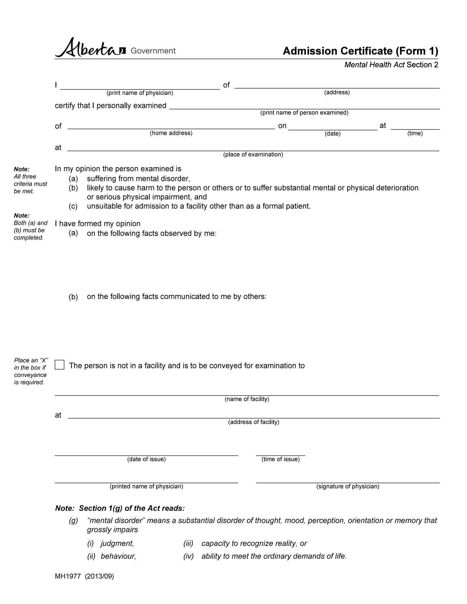 Alberta Government Admission Certificate Form 1 Mental Health Act Alberta Government Admission Certificate Form 1 Mental Health Act