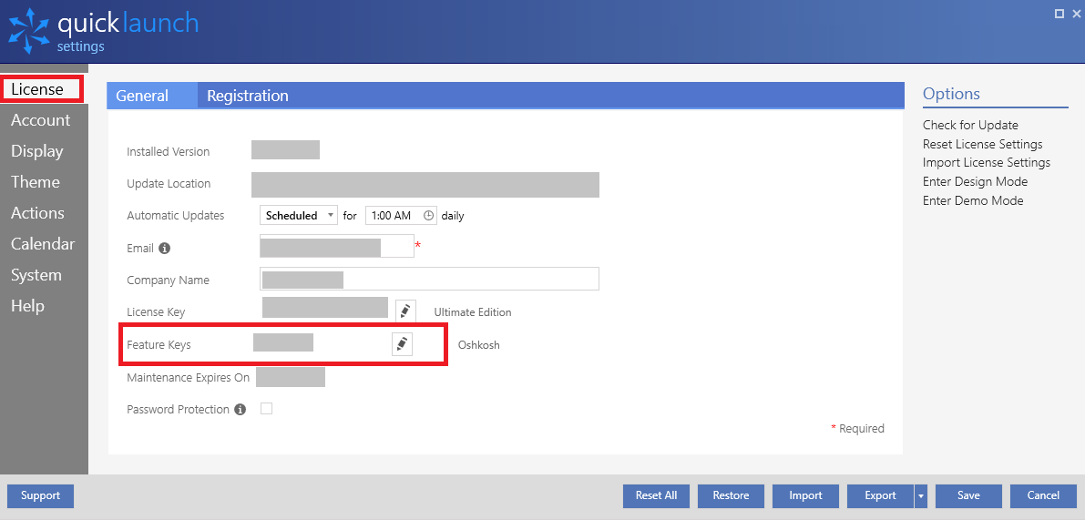 How to Enter a Feature Key : Quicklaunch