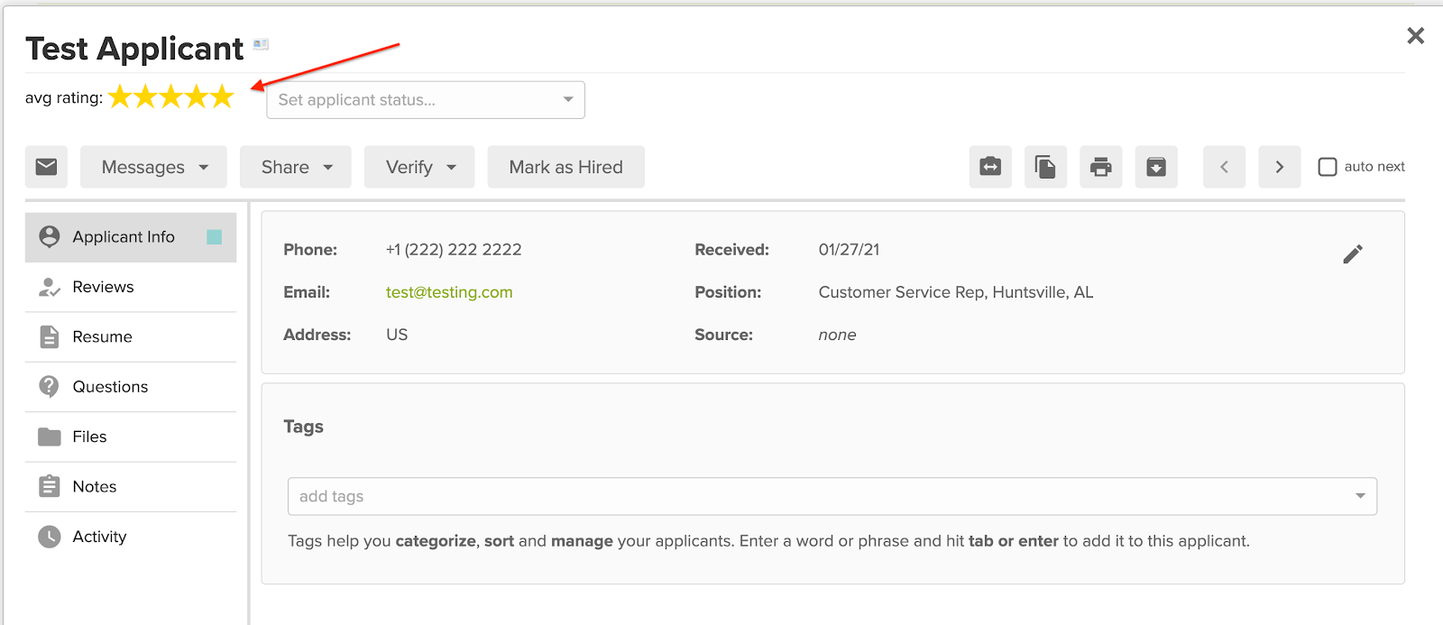 Multiple Reviews & Ratings / Scorecards : Applicant Tracking Software