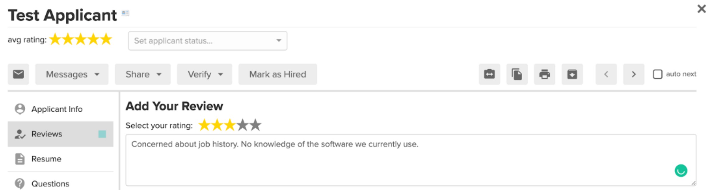 Multiple Reviews & Ratings / Scorecards : Applicant Tracking Software