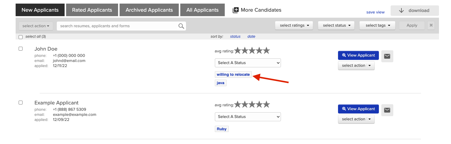 Using keywords and tags to organize applicants by skill/experience ...