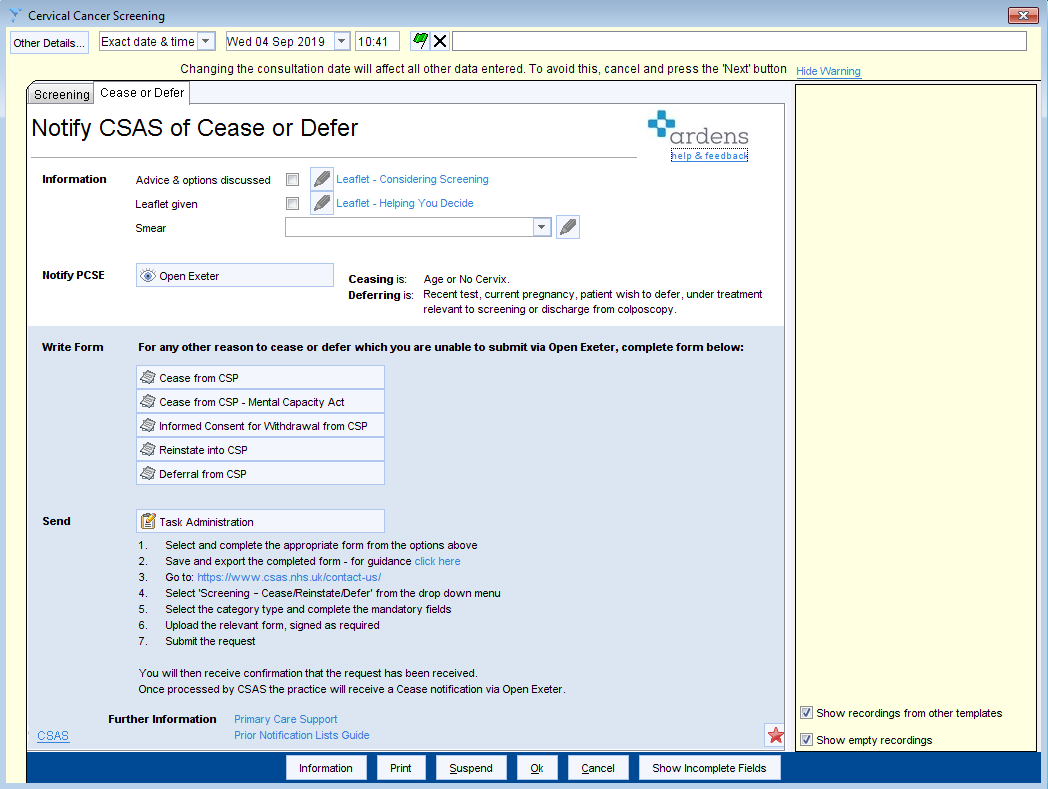 Cervical Cytology - Notifying CSAS : Ardens