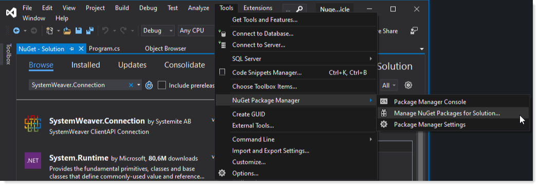 How to Install the SystemWeaver.Connection NuGet Package : SystemWeaver