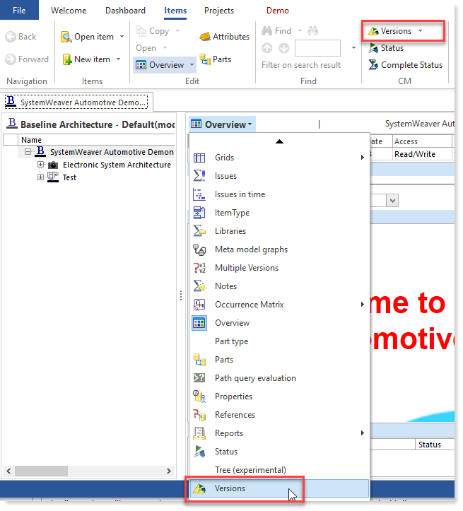 Versions: Viewing, Modifying and Comparing Item Versions : SystemWeaver