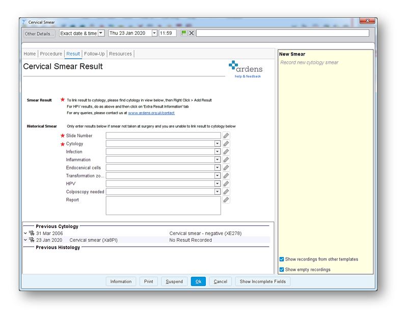 Recording a Cervical Screening Result : Ardens Healthcare Informatics