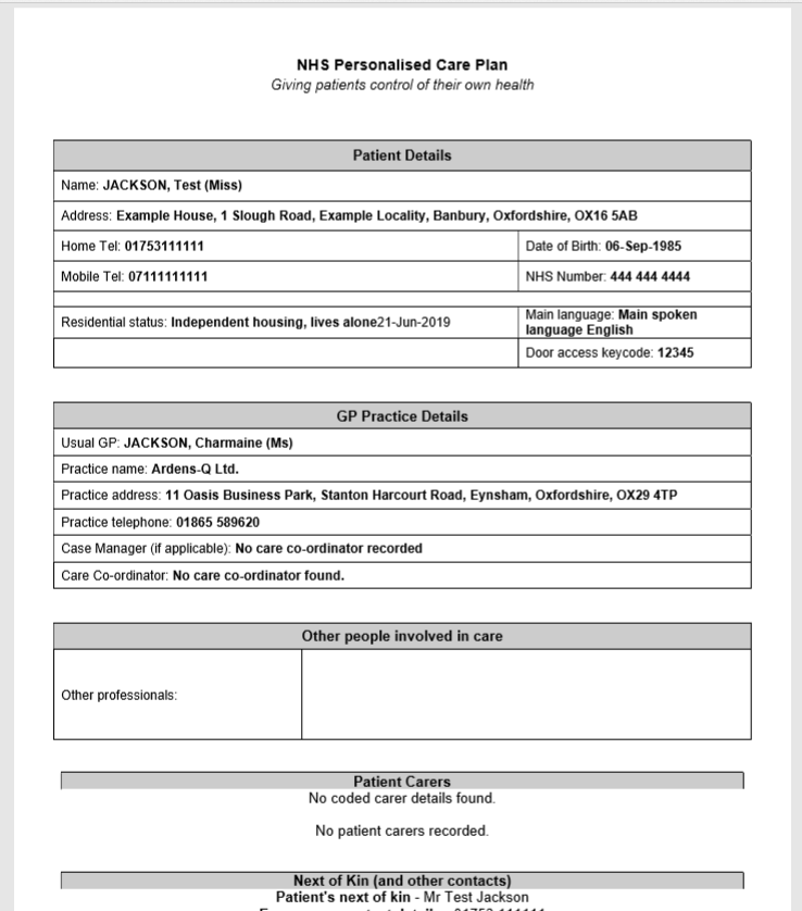 Universal Care Plan : Ardens EMIS Web