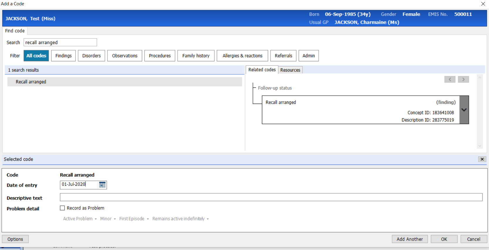 Use of the 'Recall Arranged' code : Ardens EMIS Web