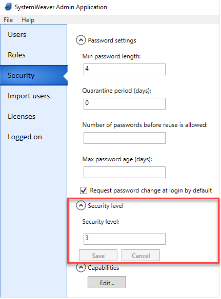 Setting Server's Security Level : SystemWeaver