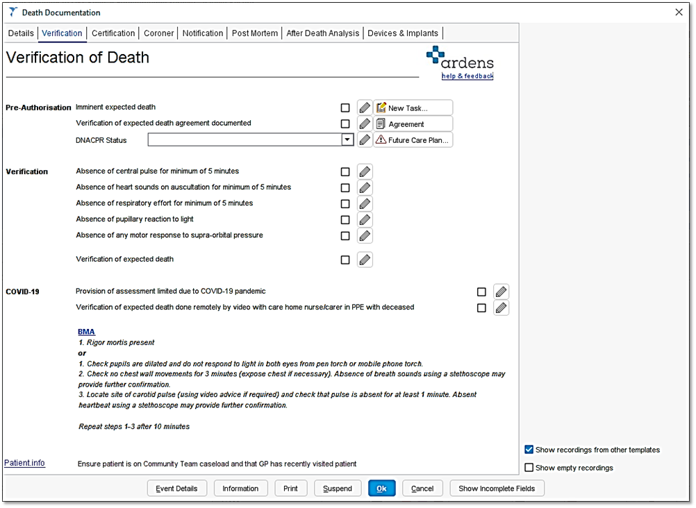 Death Documentation : Ardens Healthcare Informatics