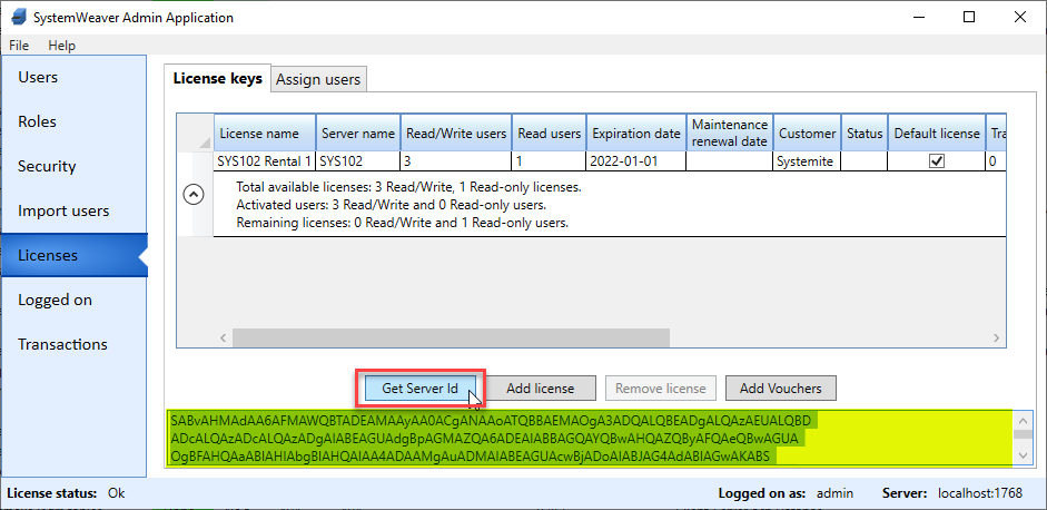 Obtaining Server ID : SystemWeaver