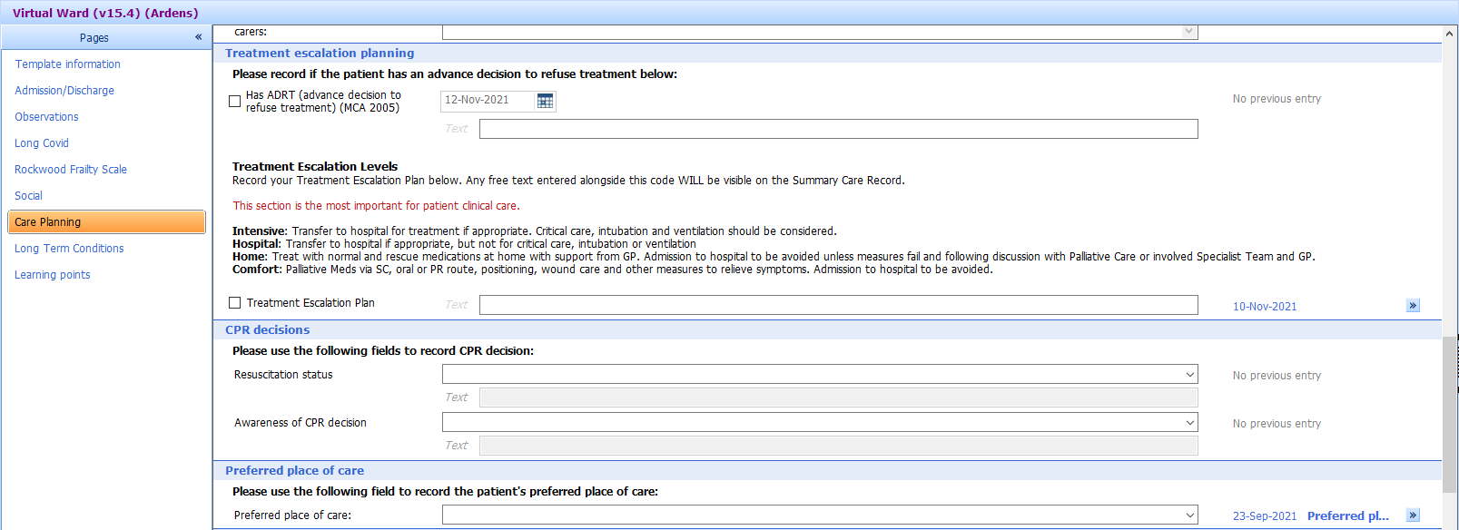 Virtual Ward Template : Ardens EMIS Web