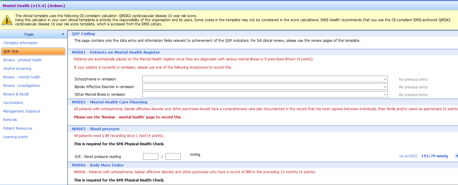 Mental Health (SMI Review) : Ardens EMIS Web