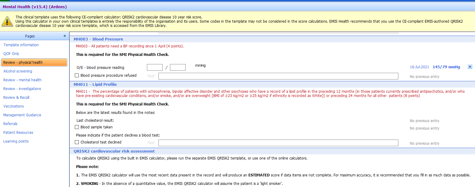 Mental Health (SMI Review) : Ardens EMIS Web