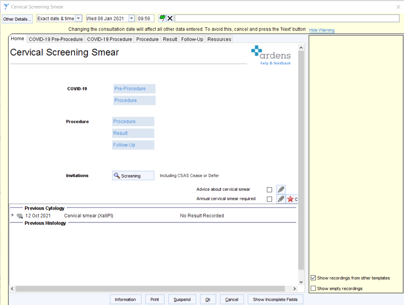 Recording a cervical smear : Ardens