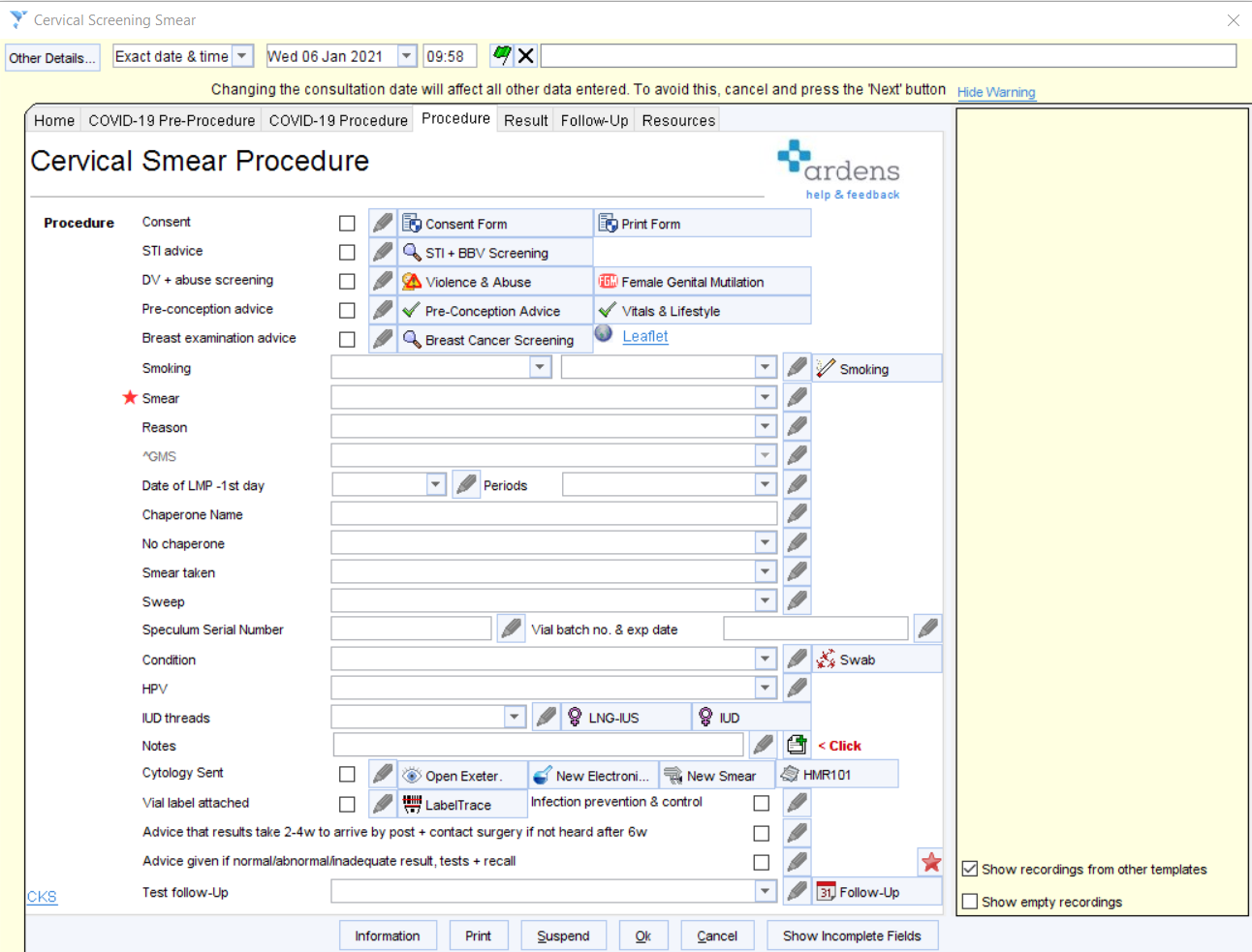 Recording a cervical smear : Ardens