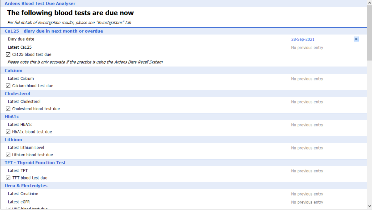 Blood Test Due Analyser : Ardens EMIS Web