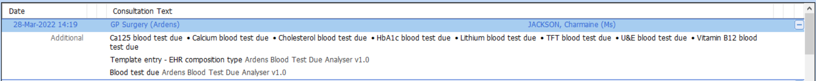 Blood Test Due Analyser : Ardens EMIS Web