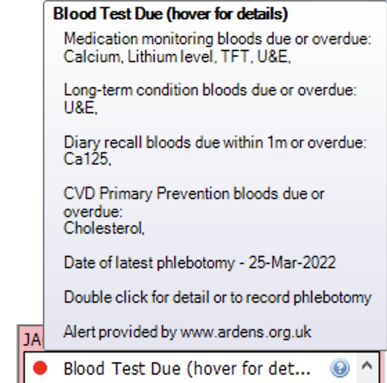 Blood Test Due Analyser : Ardens EMIS Web