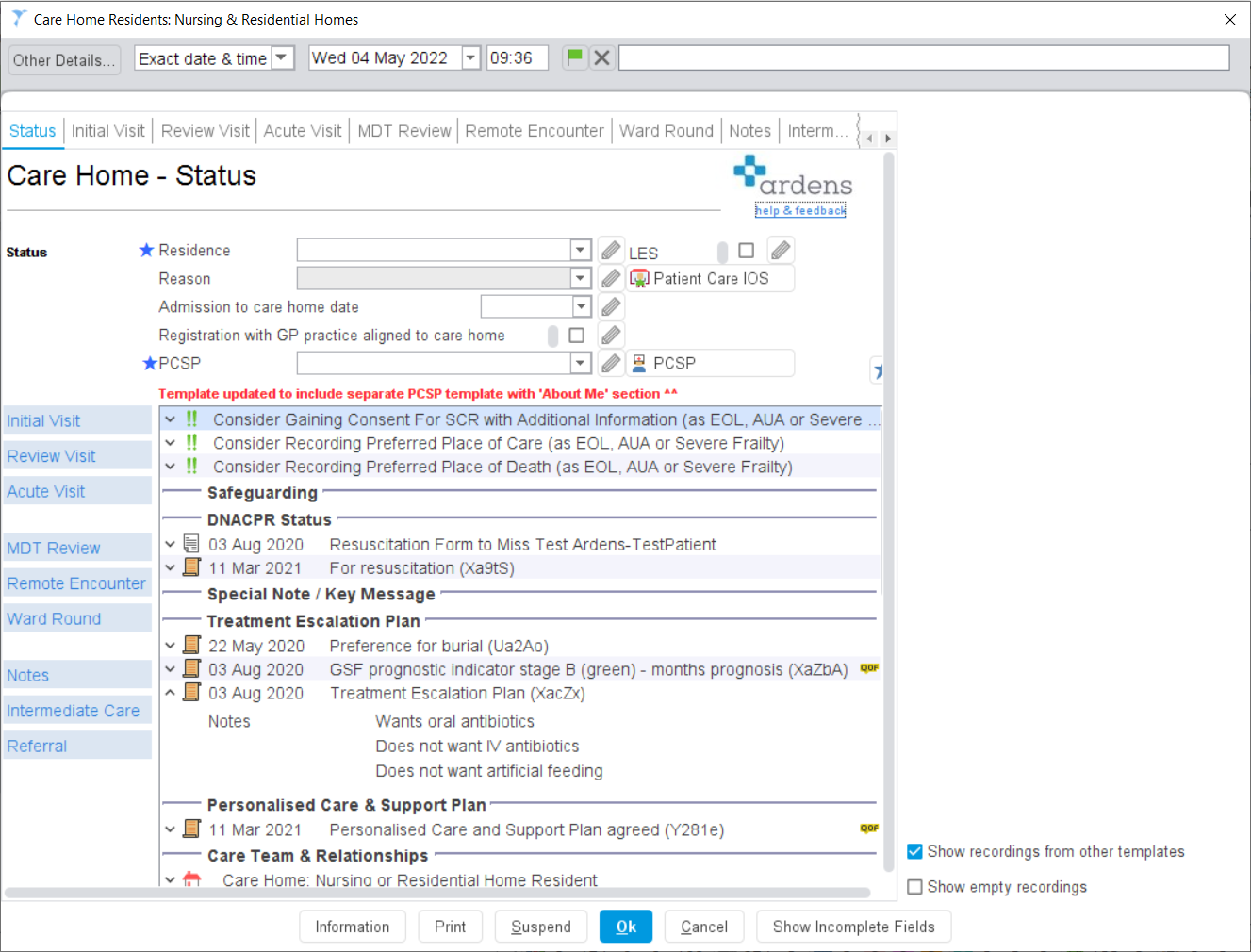 Care Home Residents: Nursing and Residential Homes : Ardens SystmOne