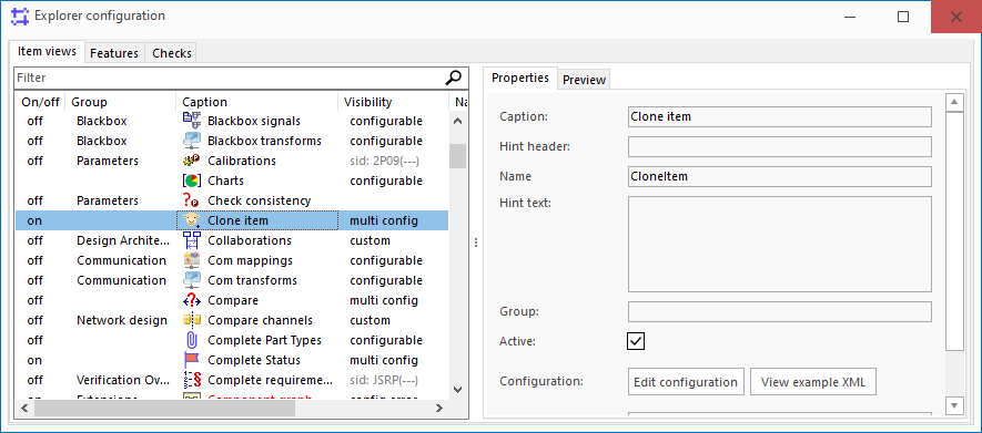 Configuring the Clone Item View : SystemWeaver
