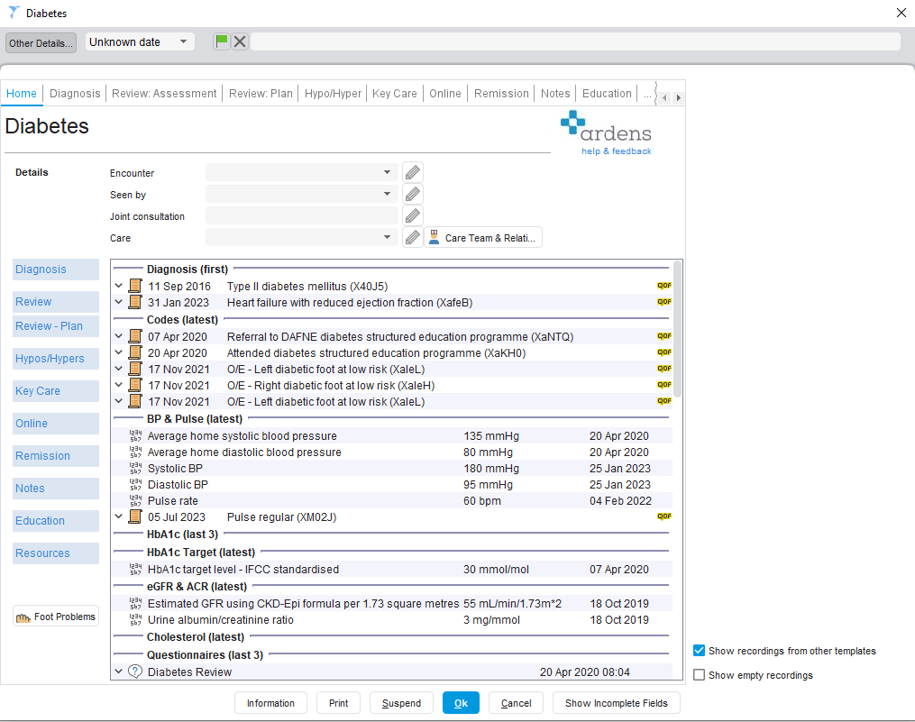 Diabetes : Ardens SystmOne