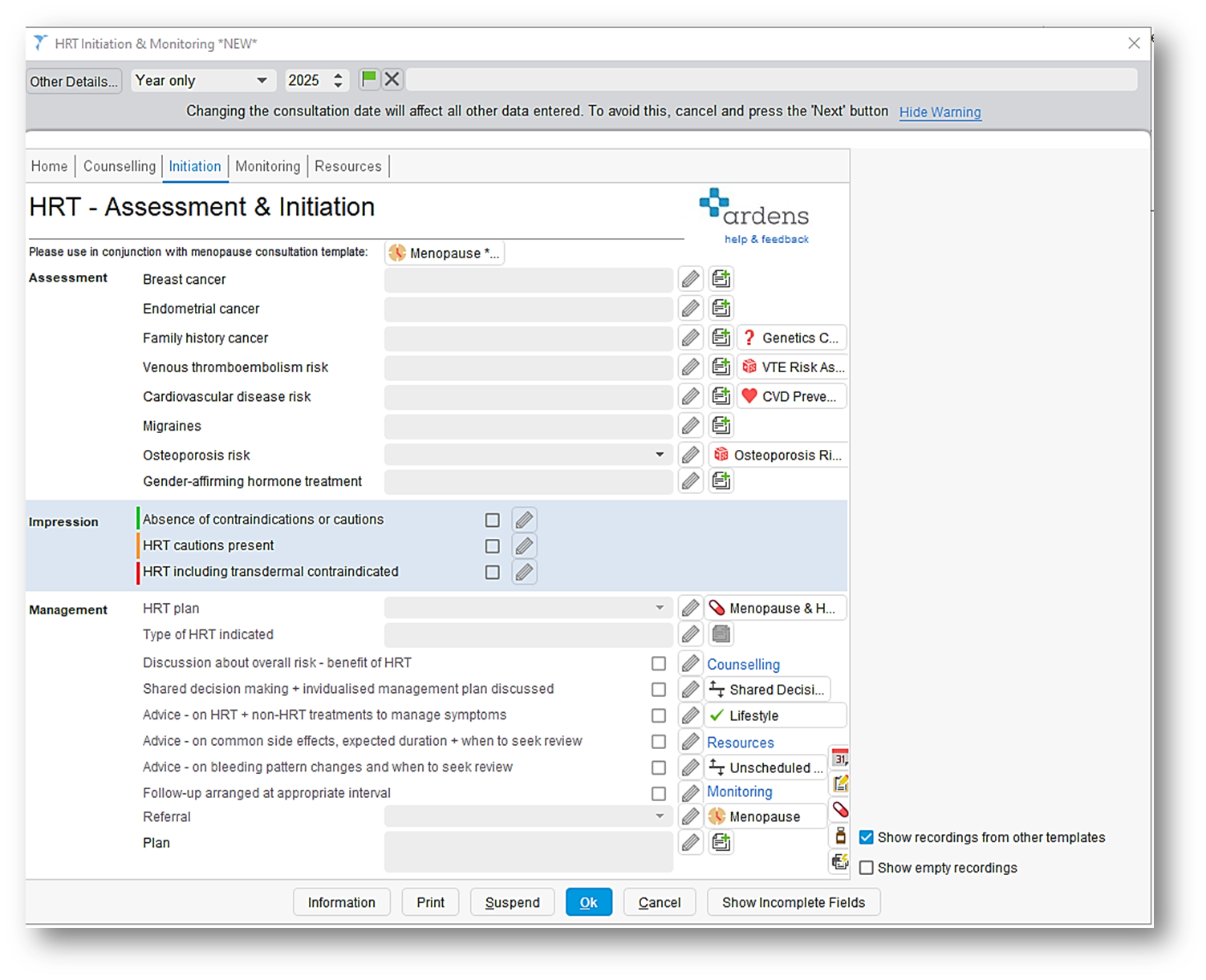 HRT - Initiation & Monitoring *NEW* Template : Ardens