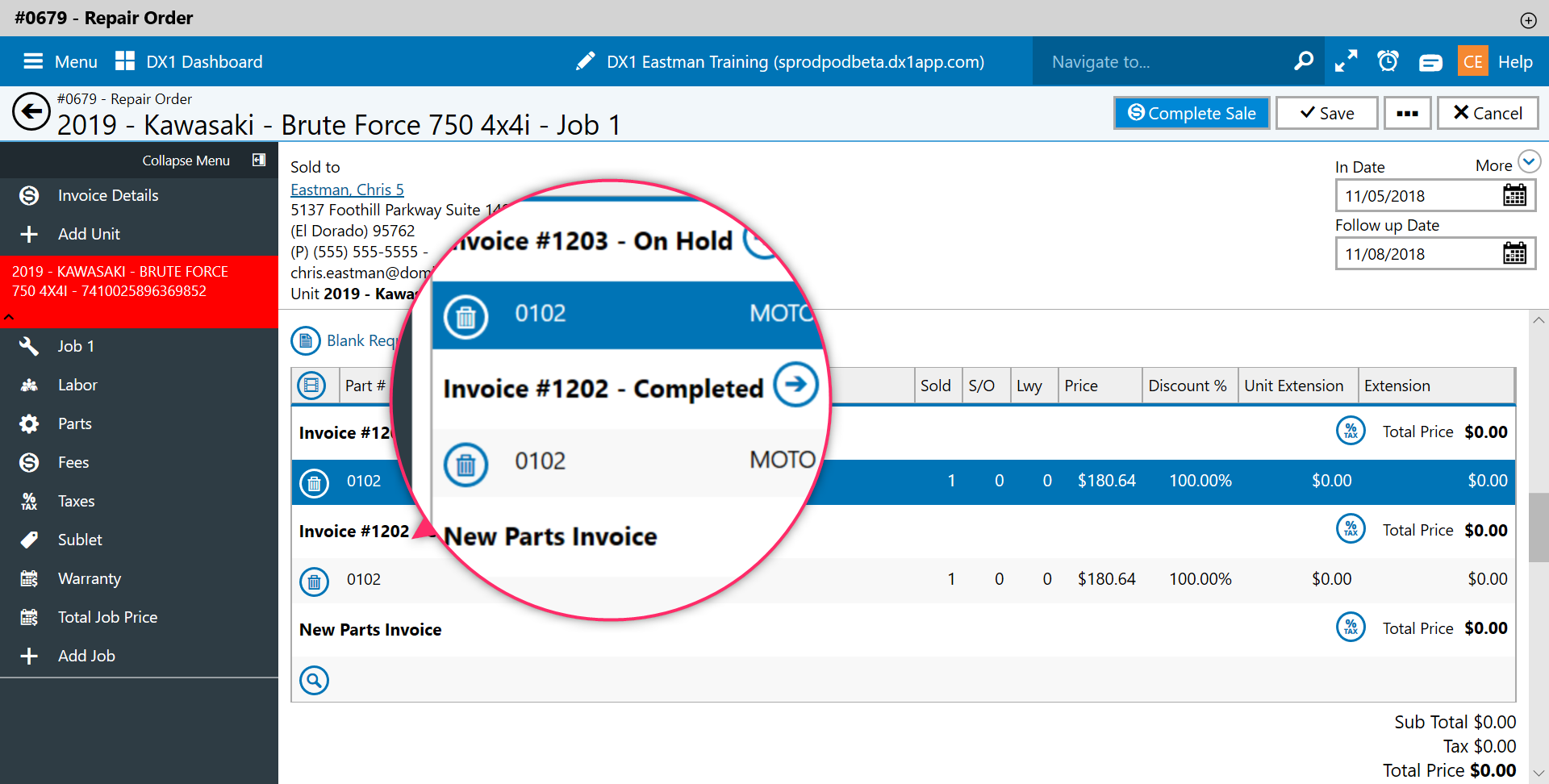 Part Requesting for Repair Orders : DX1