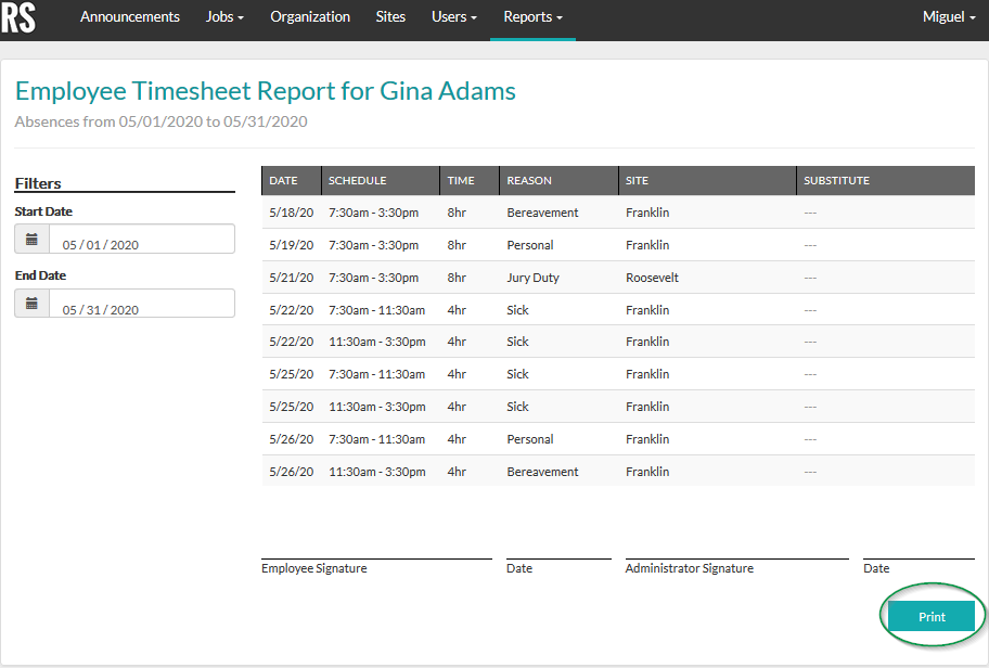 Help - How to print timesheets for a specific employee
