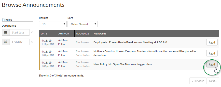 Help - How to view announcements