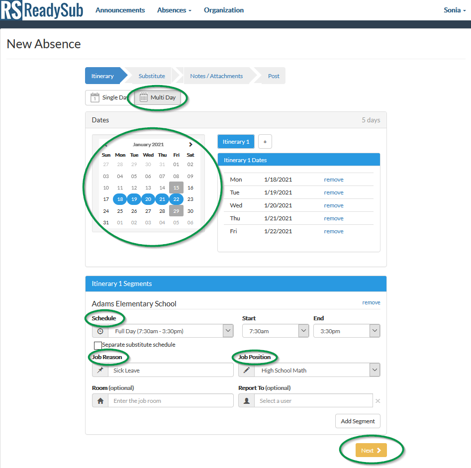 Help - How to post a multi-day absence