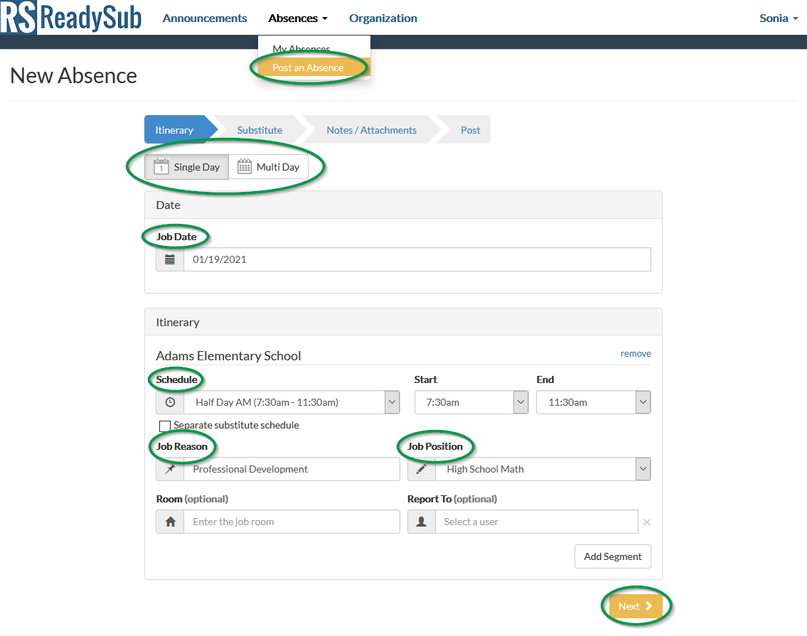 Help - How to post a no substitute required absence