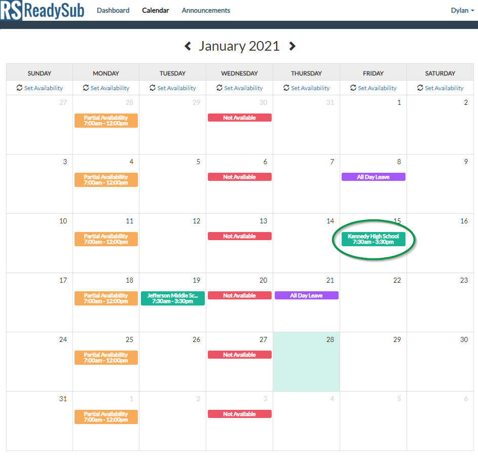Help - Overview of the calendar