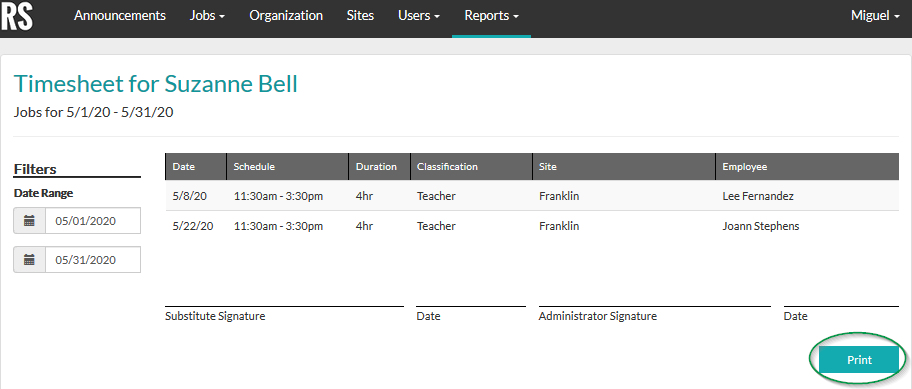 Help - How to print timesheets for a specific substitute