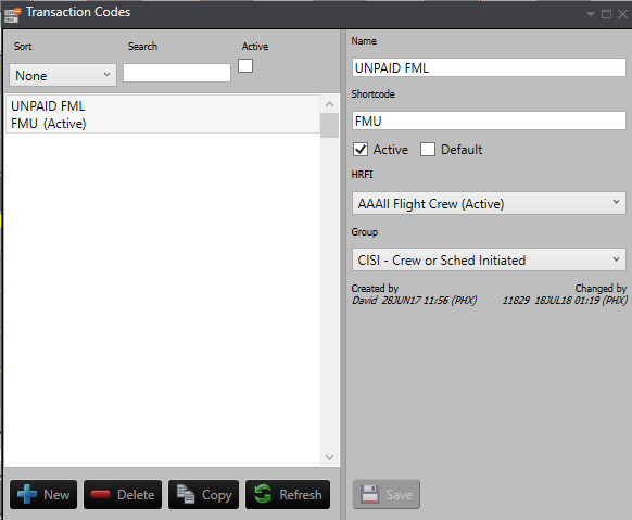 Transaction Codes : N-Ops & Crew