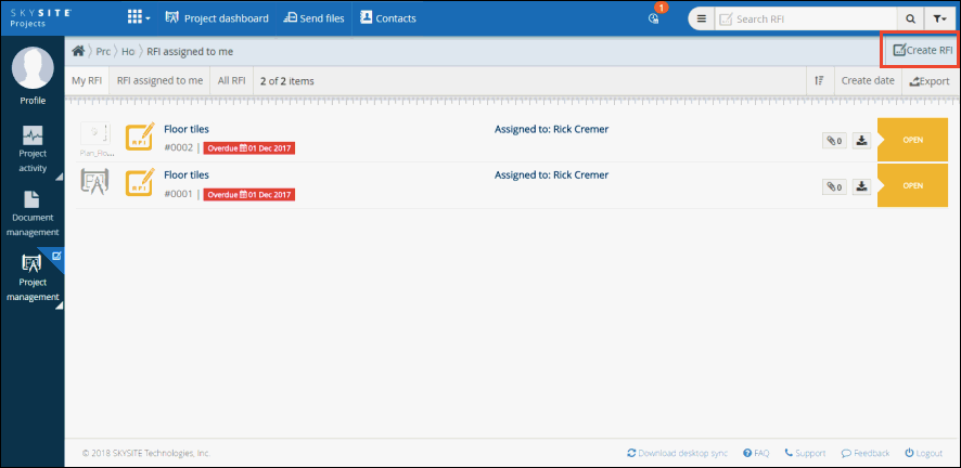 Creating RFI at Project Level : SKYSITE