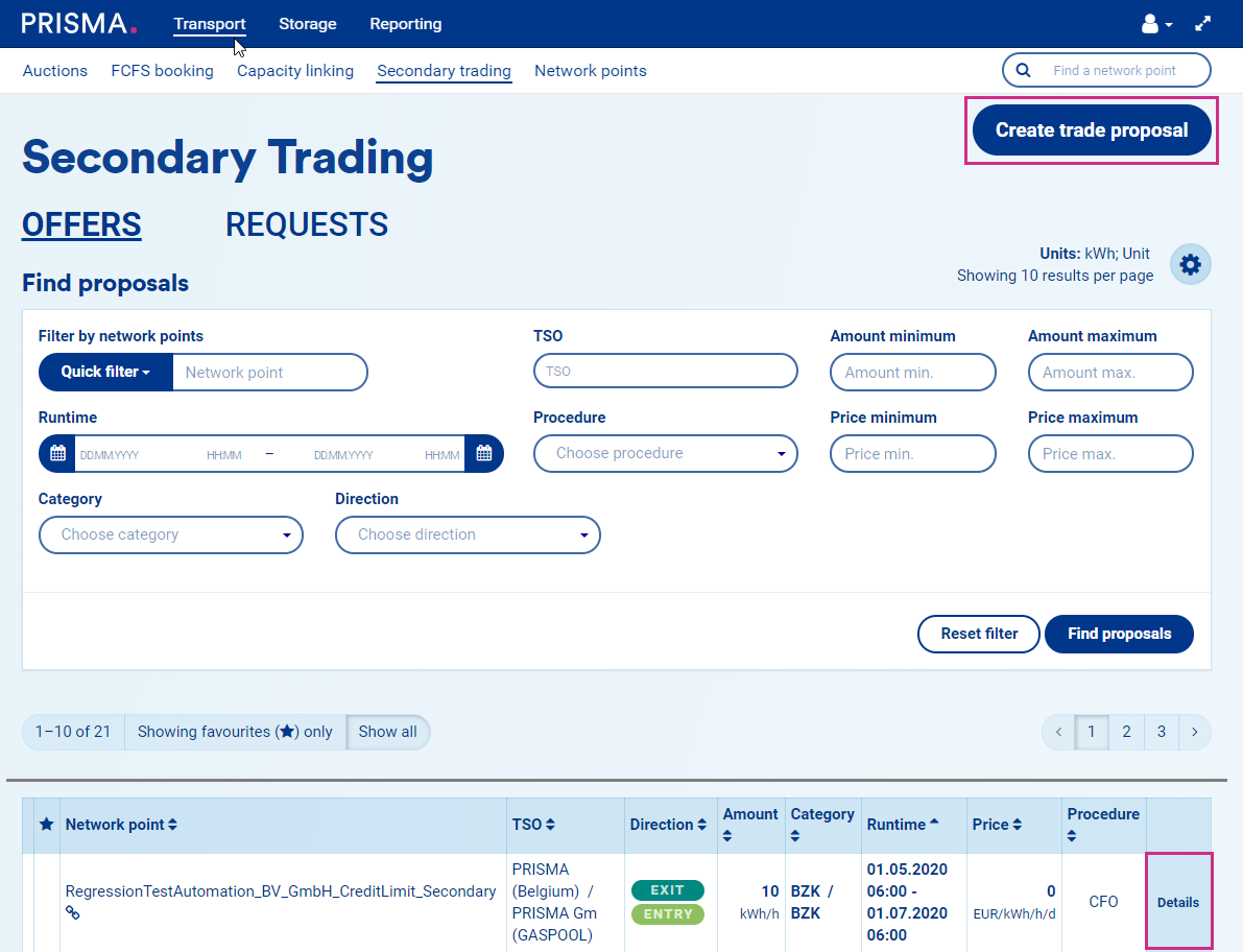 Secondary market on PRISMA : PRISMA Capacity Platform