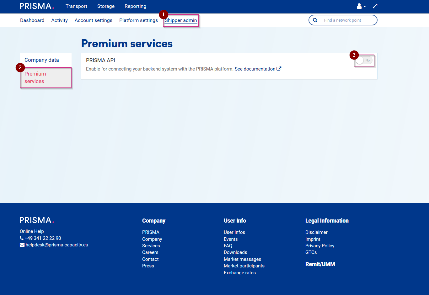 PRISMA API - Business Information : PRISMA Capacity Platform