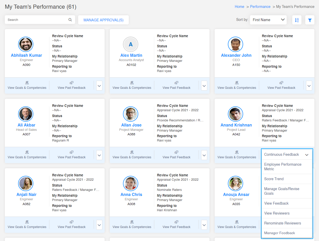 How do I access the performance data of my team members? : Synergita